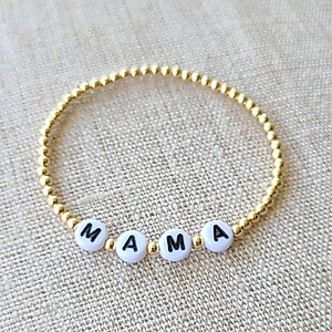 Anela Mama White Beaded Bracelet, 14kt Gold Filled Beaded, Stretch and Stackable, Hand Made in USA