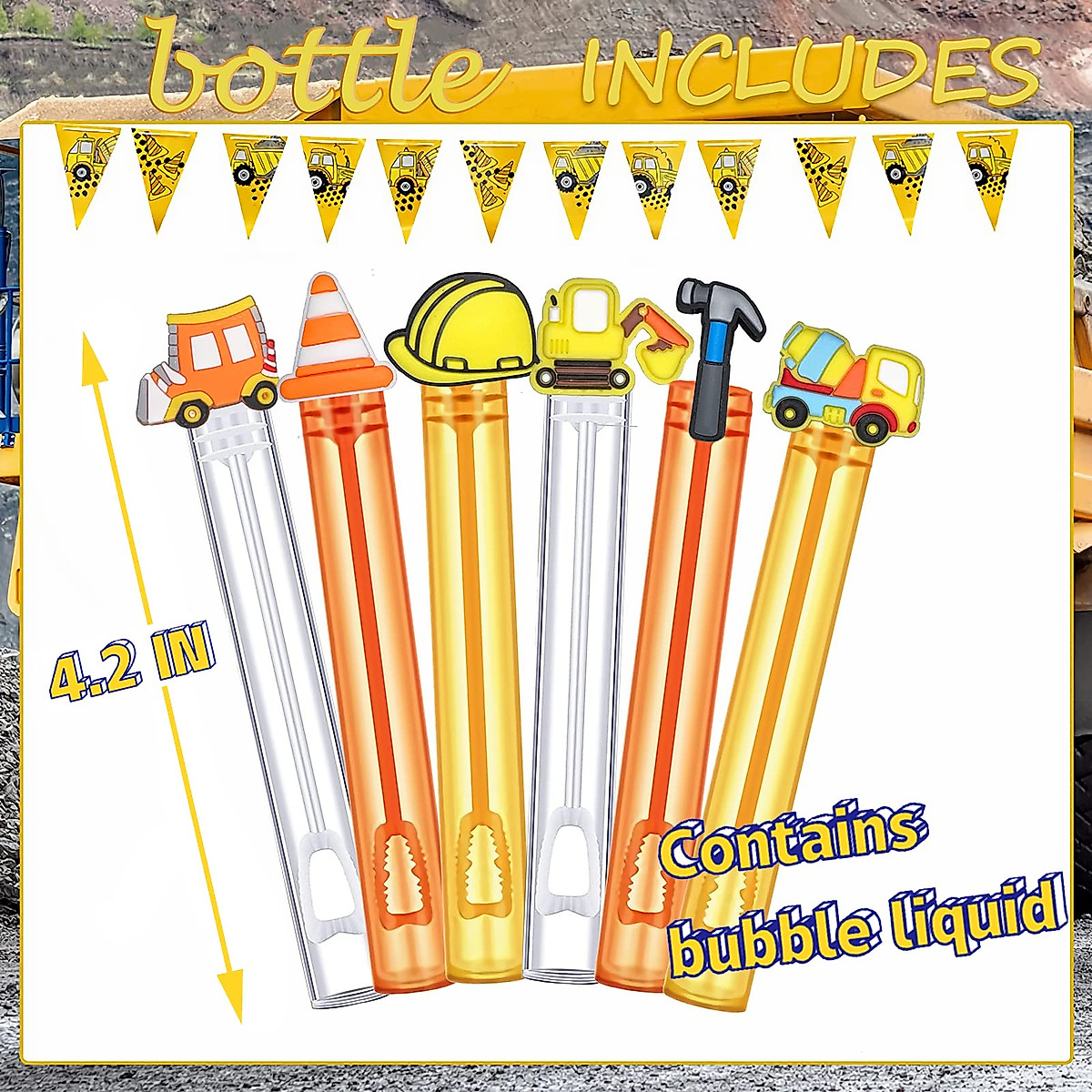 48 Pack Construction Mini Bubble for Boys and Girls- Construction Theme Birthday Party Supplies Favor-Dump Truck Party Decoration Kit (Contains Liquid