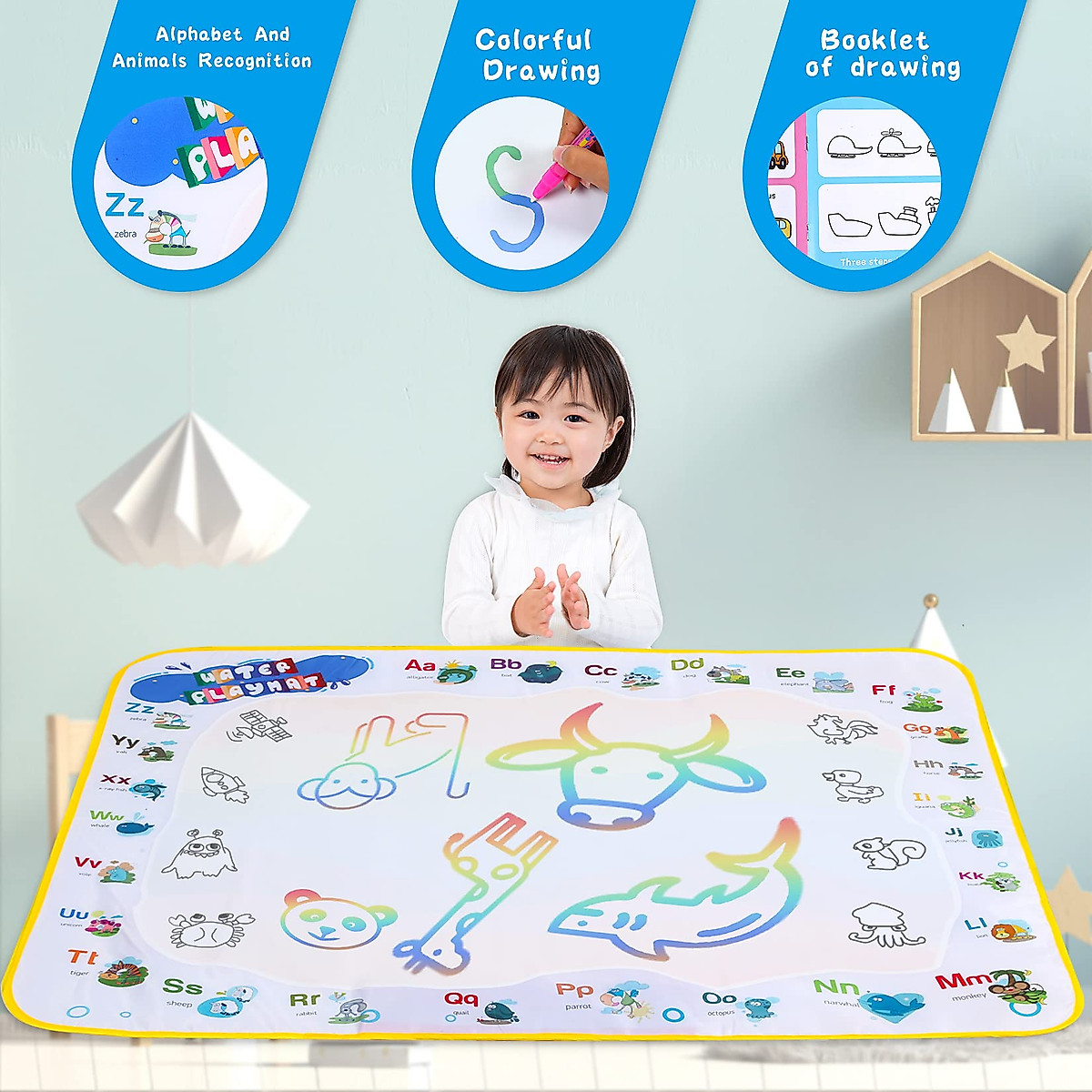 40 X 32 in Water Doodle Mat Water Graffiti Pad Creative Watercolor Pad Kids Toy Boys Girls Drawing and Writing Drawing Pad (Large)