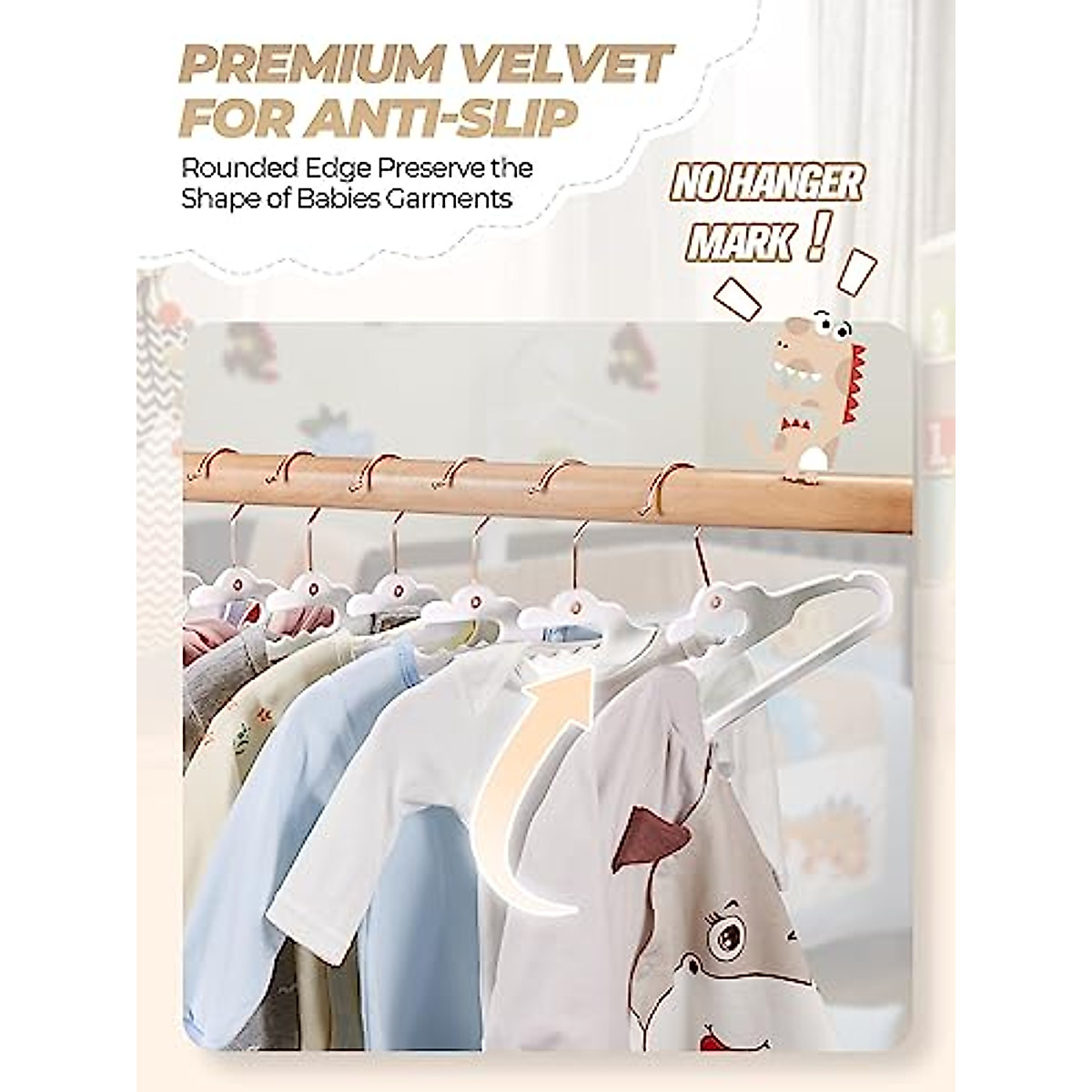 HOUSE DAY Premium Baby Hangers Velvet 60 Pack, Dino 11.4'' Baby Clothes Hangers for Kids +6 Pcs Dividers, Sturdy Children Felt Non Slip Hanger for Nursery on Baby Boys & Girls Closet Organizer - White