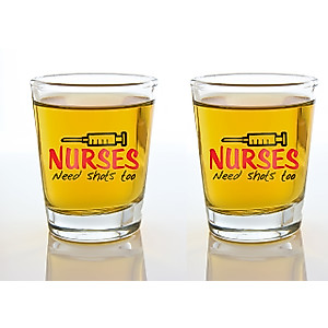 AW Fashions Nurses Need Shots Too - Funny Nurse Party Favor Gift - 2 Pack Round Set of Shot Glass
