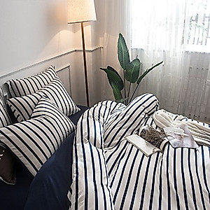 Merryfeel Cotton Duvet Cover Set,100% Cotton Jersey Knit Striped Duvet Cover and Pillowshams,3 Pieces Bedding Set - (Queen,Navy Stripe)