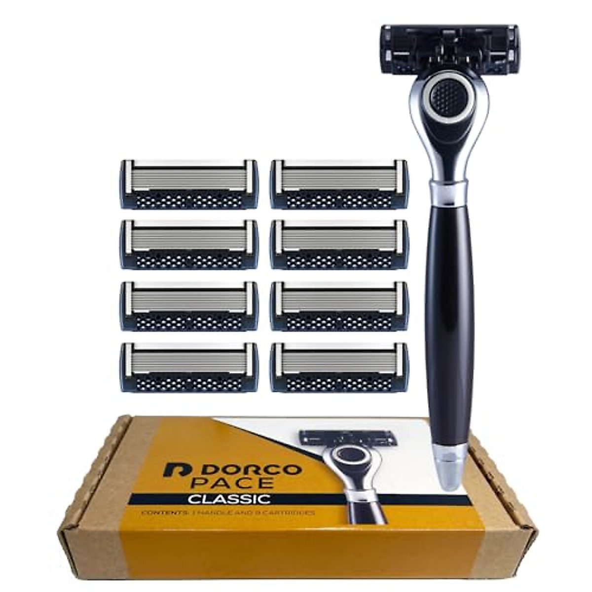 DORCO Pace Classic - Seven Blade Razor System with Pivoting Head and Premium Handle- 9 Pack (1 Handle + 9 Cartridges)