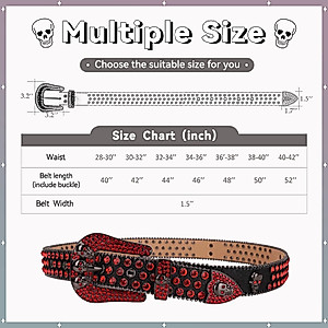 MUKINGBELTS Men Women Skull Rhinestone Belts Western Bling Luxury Strap Studded Leather Belt (Black-Red, 40: Fit waist from 28"-30")