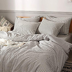 JELLYMONI 100% Natural Cotton 3pcs Striped Duvet Cover Sets with Zipper Closure & Corner Ties, White Comforter Cover with Grey Stripes Pattern Printed (Full Size)