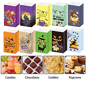 WOONOO 50PCS Halloween Treat Bags Candy Bags for Halloween Party, 10 Styles Paper Halloween Goodie Bags for Party Favors with 50PCS Stickers, Halloween Kids Trick or Treat Gift Bags Party Supplies