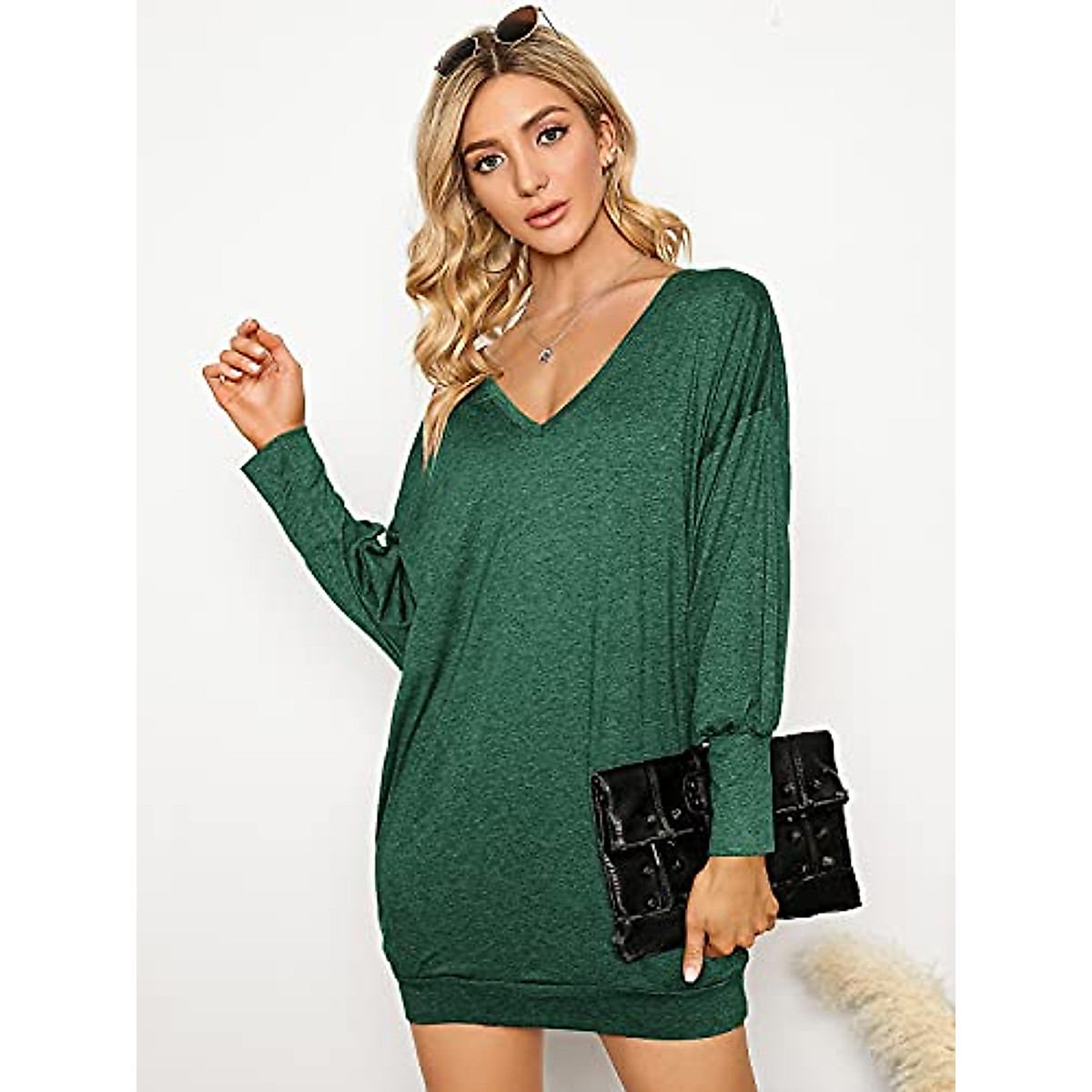 ZANZEA Women's V Neck Long Sleeve Casual Oversized Baggy Tops Loose Blouses Pullover Tunic Sweater Sweartshirt Dress Green X-Large
