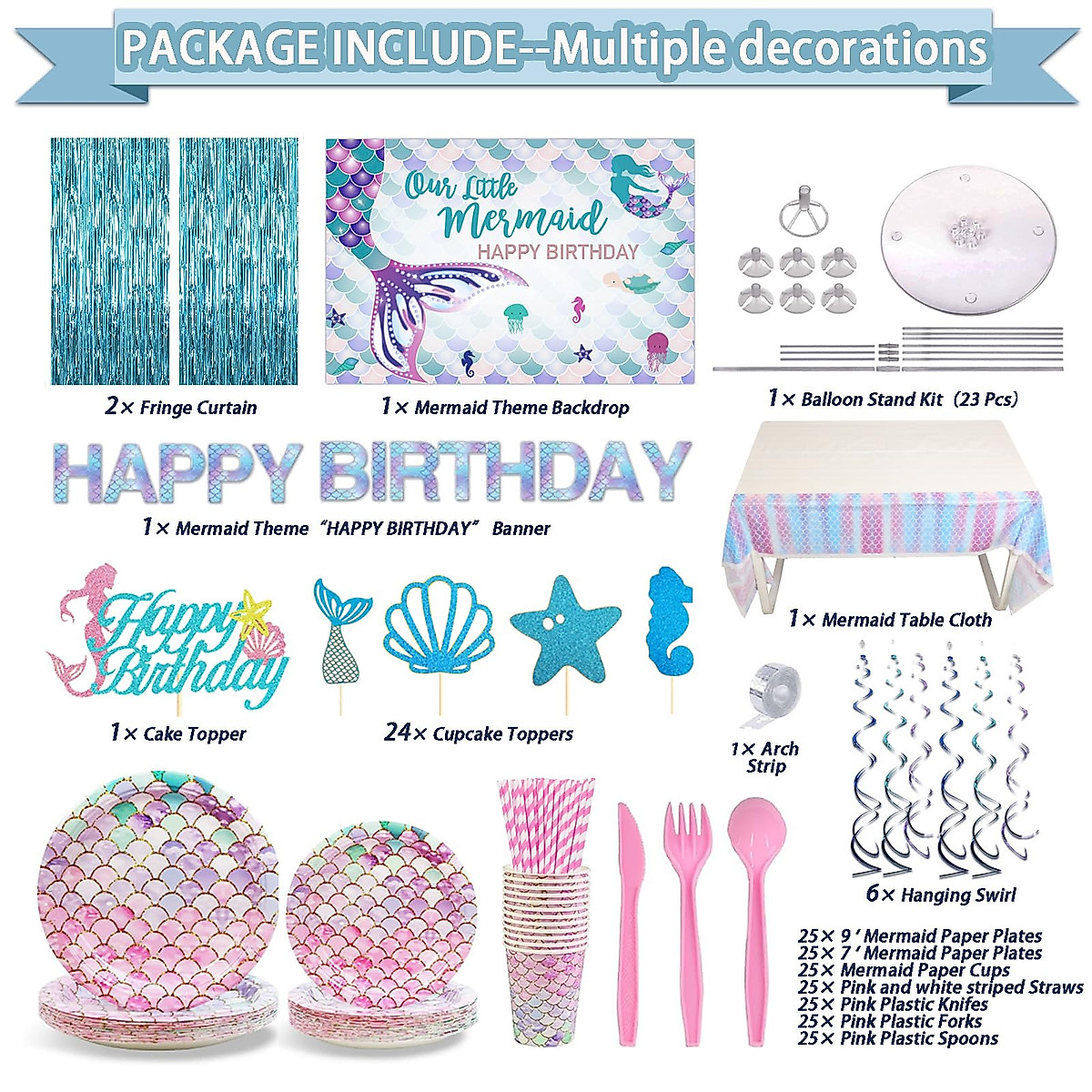 UJoyant 299 Pcs Mermaid Birthday Decorations, Mermaid Party Decorations Kit - Disposable Dinnerware Set with 25 Guests, Backdrop, Balloon, Banner, Tablecloth, Knives, Forks, Spoons, CakeTopper