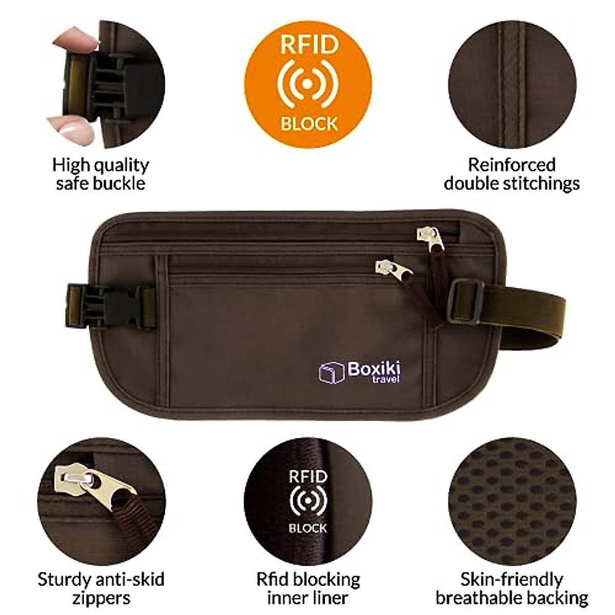 Boxiki Travel Money Belt - RFID Blocking Money Belt and Safe Waist Bag, Secure Fanny Pack for Men and Women, Fits Passport, Wallet, Phone and Personal Items. Running Belt, Waist Pack (Brown)