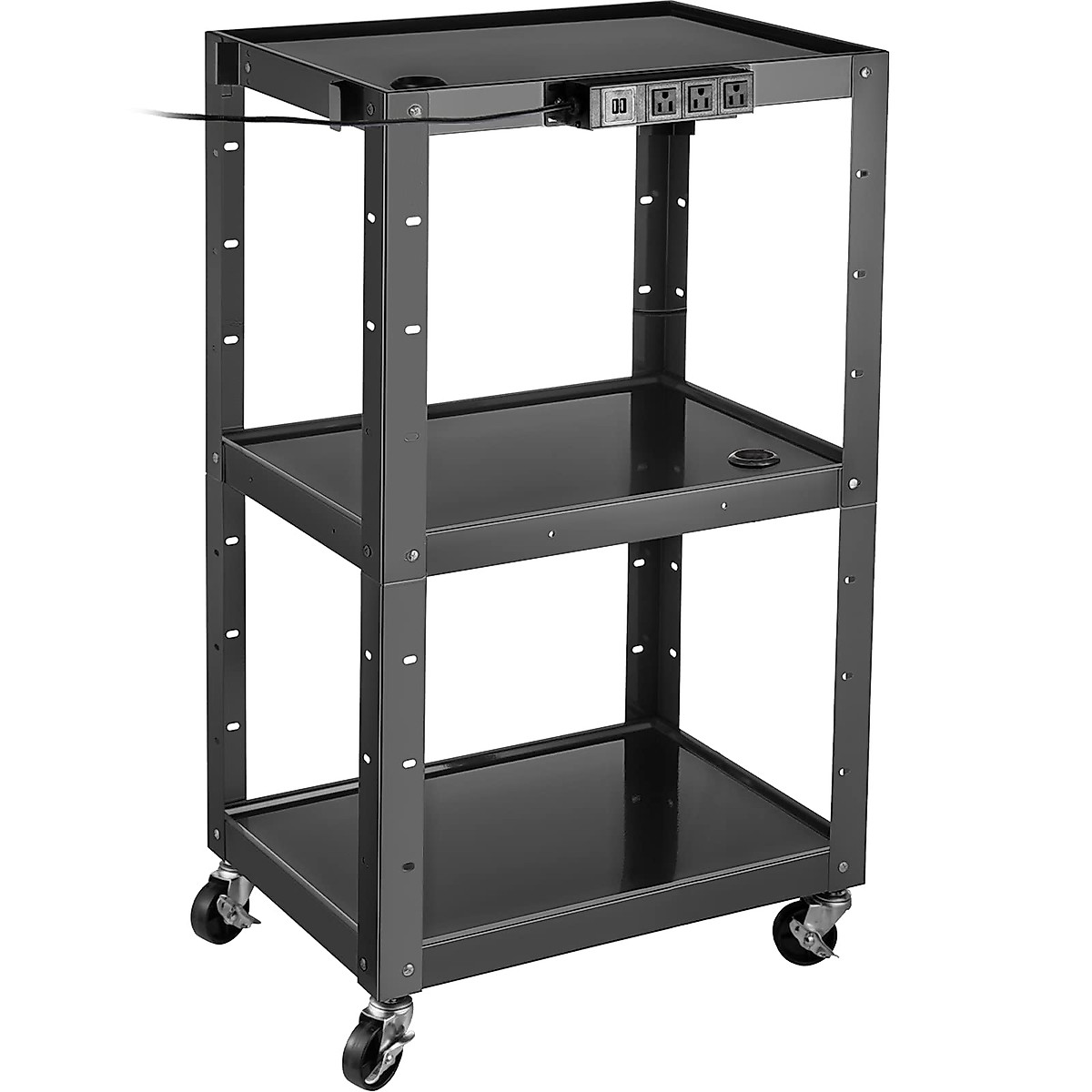 VEVOR Steel AV Cart, 24-42" Height Adjustable Media Cart with Electric Power Cord, 24 x 32 Presentation Cart with 3 Shelves, 150 LBS Rolling Projector Cart with and 2 Brakes Suitable for Load-Bearing