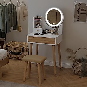 ARTETHYS Small Vanity Desk Set with 3 Adjustable Lighted Mirror and Storage Shelf White Tiny Vanity Table with Drawer for Bedroom 24 Inch Makeup Vanity Compact Dressing Table for Small Space