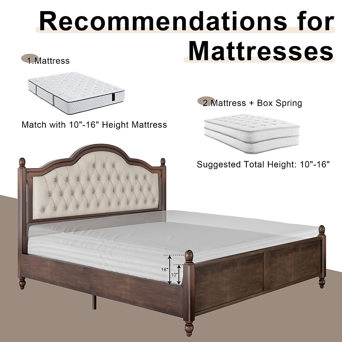 AMERLIFE King Size Solid Wood Bed Frame, Transitional Platform Bed with 52.5" Upholstered Tufted Headboard, Rubberwood/Roman Column Accents/Wood Slat Support/No Box Spring Needed