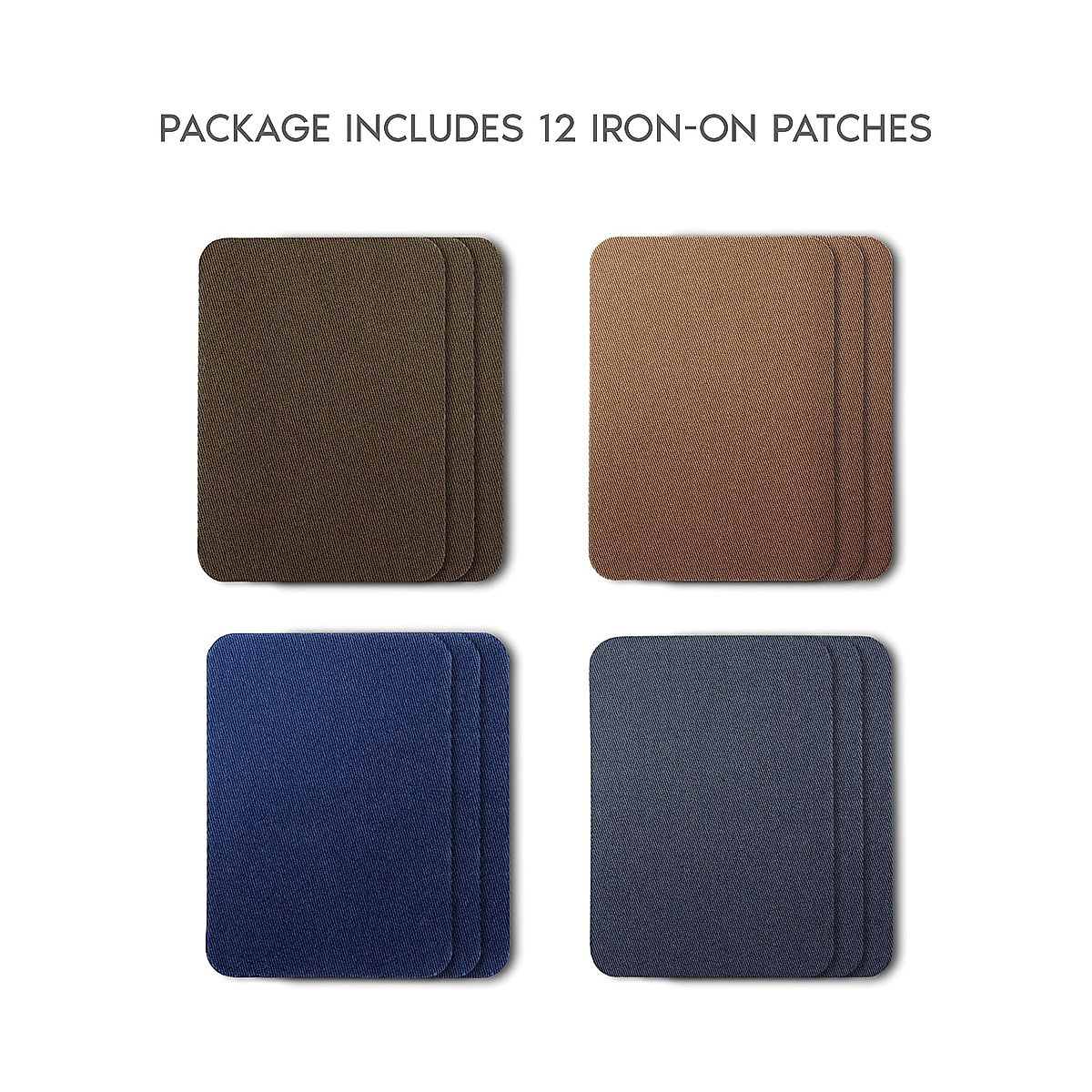 ZEFFFKA Premium Quality Fabric Iron-on Patches Inside & Outside Strongest Glue 100% Cotton Deep Blue Khaki Gray Brown Repair Decorating Kit 12 Pieces Size 3" by 4-1/4" (7.5 cm x 10.5 cm)