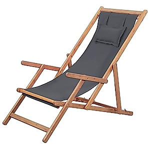 vidaXL Beach Sling Patio Chair, Outdoor Folding Deck Chair with Solid Wooden Frame, Patio Lounge Chair for Balcony, Fabric and Wooden Frame Gray