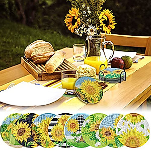 Sunflower Diamond Painting Coasters DIY Diamond Art Coaster 5D Full Drill Diamond Coaster Acrylic Round Cup Coaster with Holder Cork Pad for Summer Fall Thanksgiving Party Home Decor DIY Crafts, 8 PCS