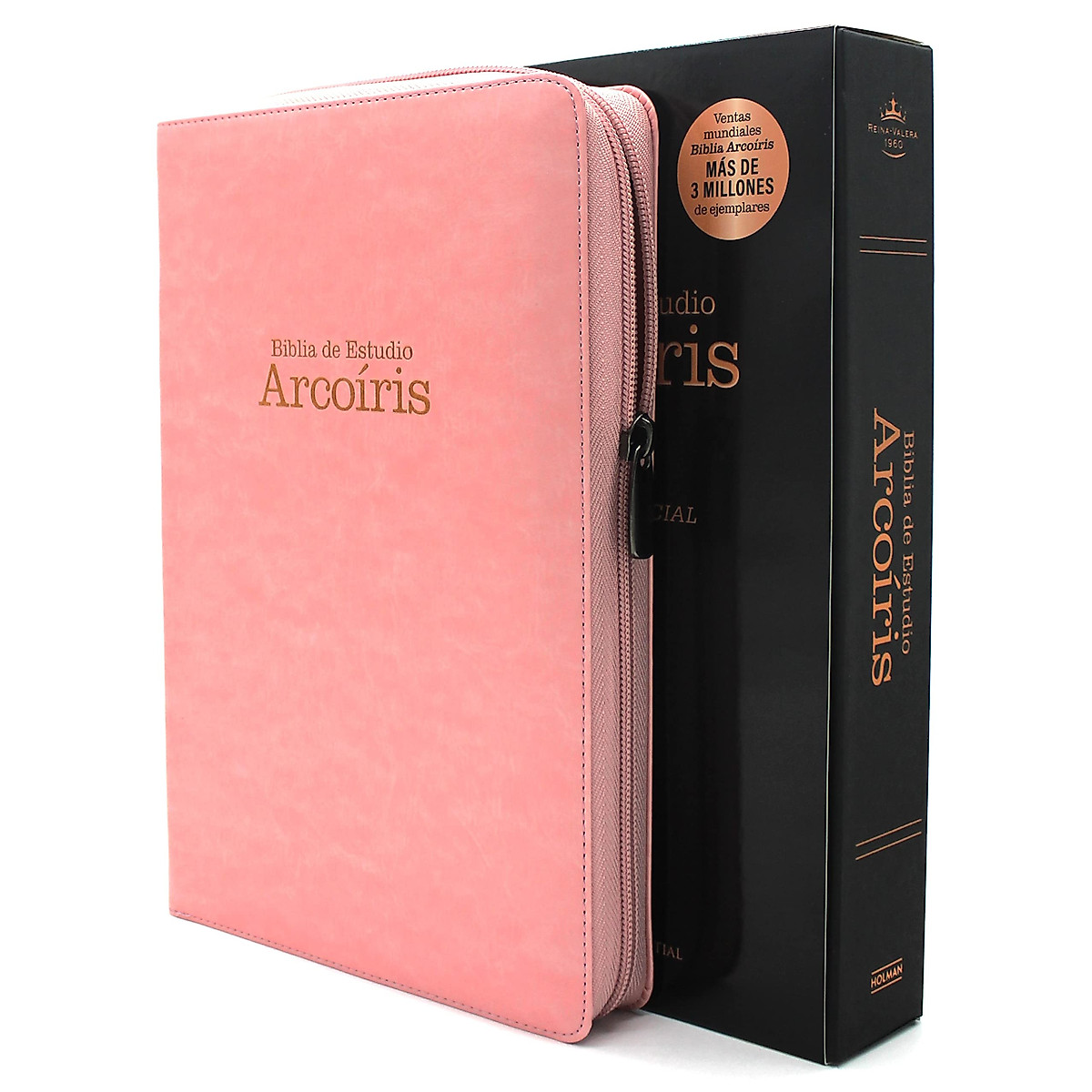 Biblia de Estudio Arco Iris Reina Valera 1960 con cierre, Indice, Color Rosado con cobre y Estuche de lujo negro con cobre para guardar y proteger la Biblia Coleccion Celestial