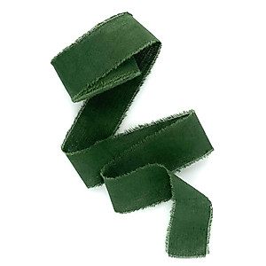 Dark green 1 inch wide 5 yds frayed edges handmade cotton ribbon hand dyed for Rustic wedding invitation ties favors gift wrapping Party decor bows Florist Bouquet supplies Flat lay props