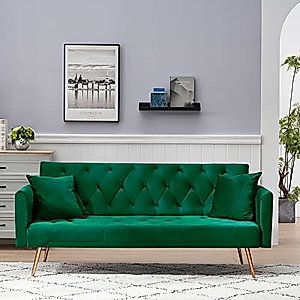 KINFFICT Velvet Futon Sofa Bed with 2 Pillows, Convertible Sleeper Sofa Couch with 3 Angle Adjustable Backrest, Modern Loveseat with 4 Golden Metal Legs for Living Room and Bedroom (Green)