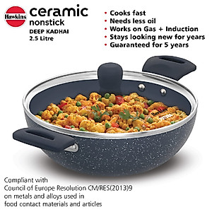 HAWKINS Ceramic Nonstick 2.5 Litre Deep Kadhai, Induction Deep Fry Pan with Glass Lid, Granite Kadai (ICK25G)