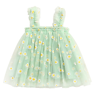 Mubineo Toddler Baby Girl Flower Tulle Tutu Dress Strappy Princess Dresses Sundress (Green Daisy, 6-12 Months)