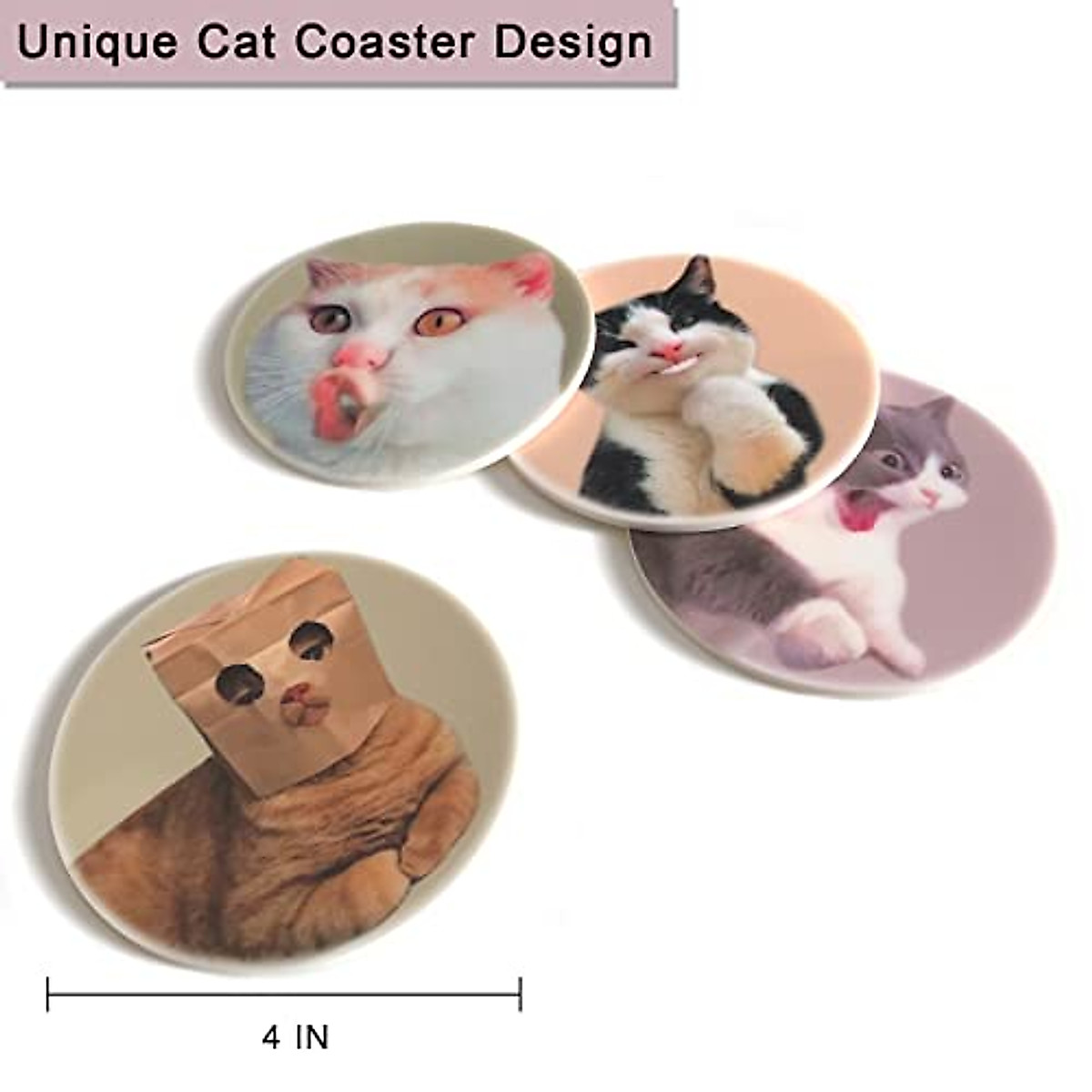 Funny Cat Coasters Pack, Set of 4 Cat Meme Drink Coaster, Non Slip Silicone Heat Insulation Cup Mats for Tabletop Protection, 4 Inches