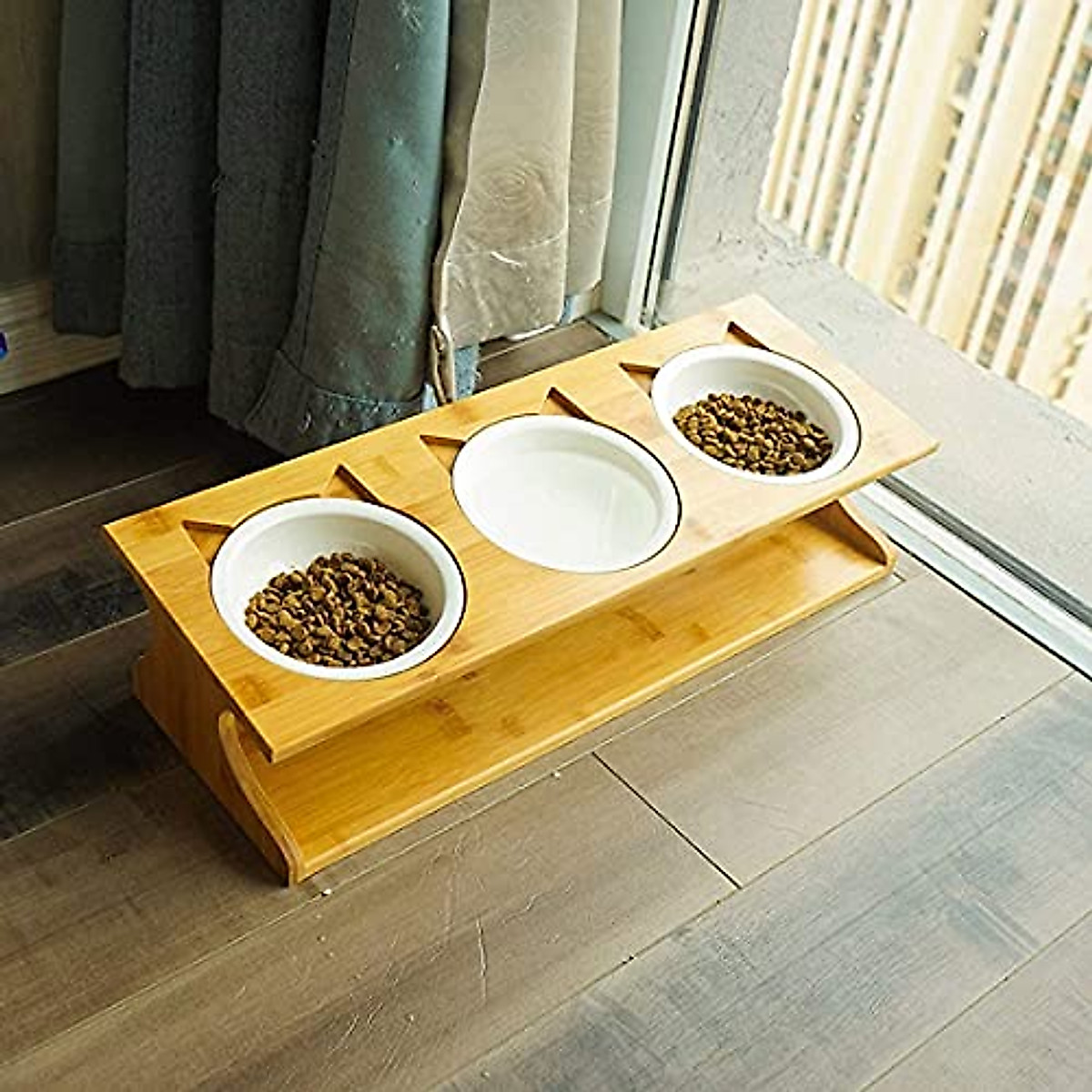 Smith Chu Premium Elevated Pet Bowls, Raised Dog Cat Feeder Solid Bamboo Stand with Ceramic Food Feeding Bowl - Cute Kitty Bowl for Cats and Puppy