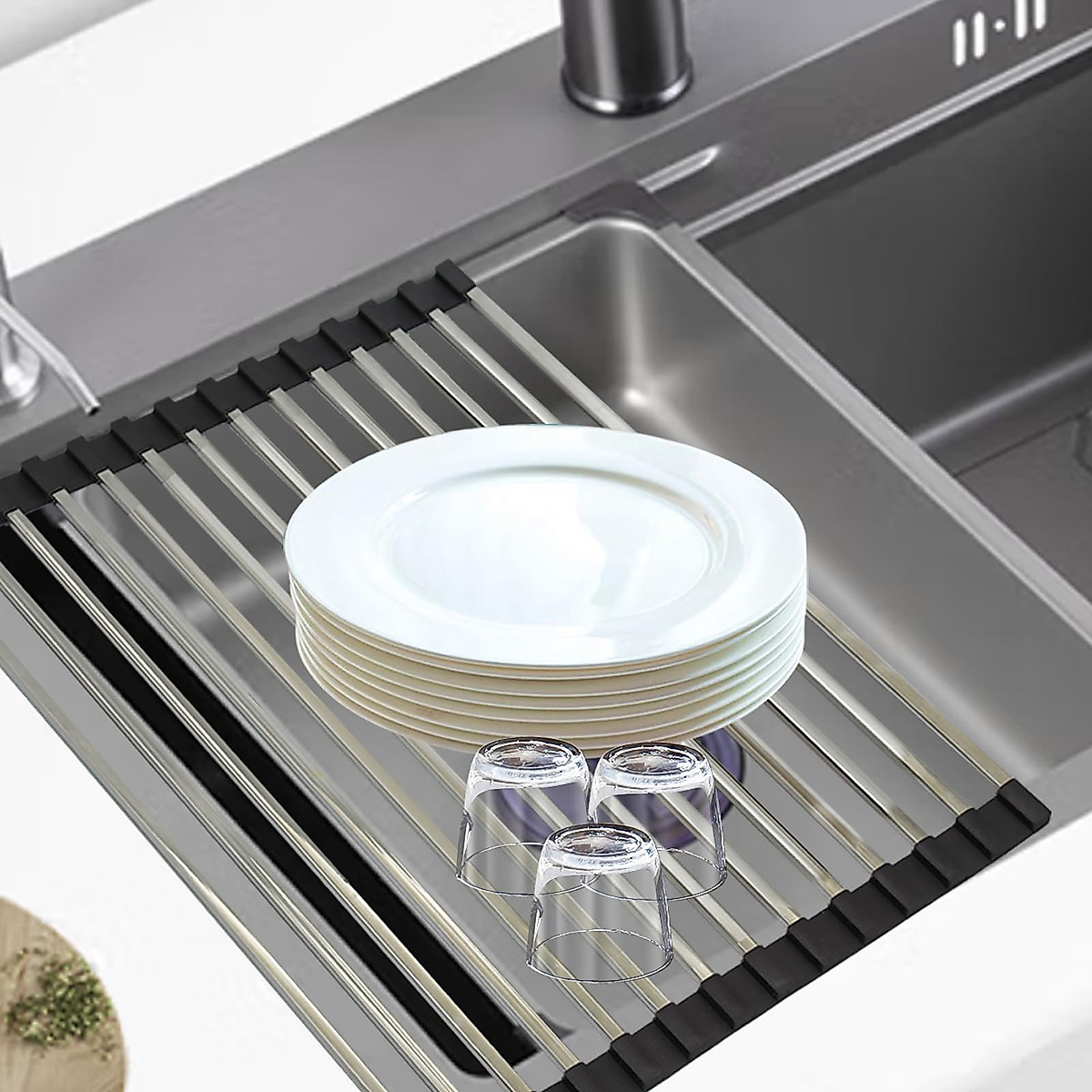 Roll Up Dish Drying Rack Over Sink Over The Sink Dish Drying Rack Kitchen Dish Drainer, Folding Dish Rack for Kitchen Sink Counter Stainless Steel Rectangular Tubing Mat Foldable Dish Dryer Racks