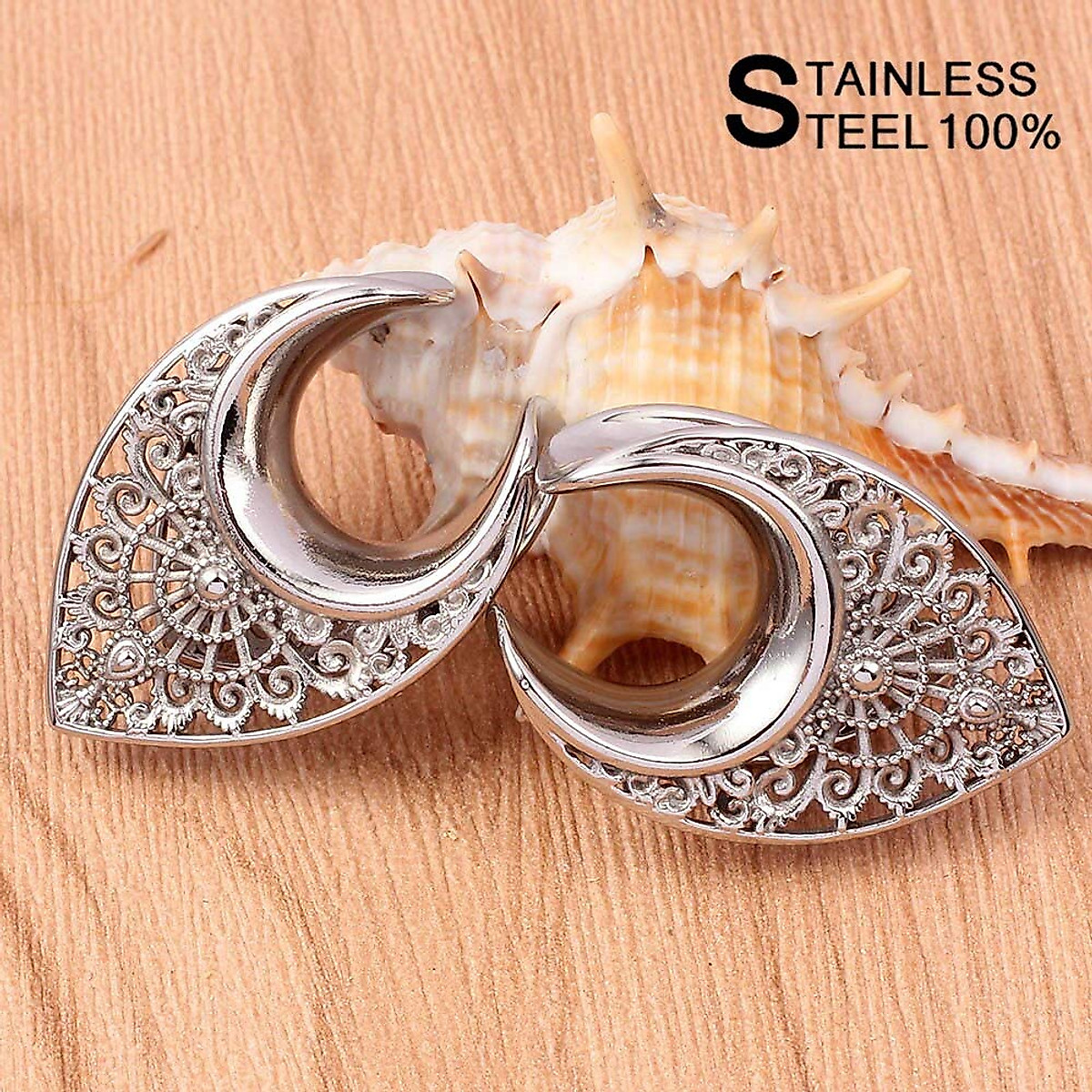 Casvort 2 PCS 10mm (00g) Hypoallergenic 316 Stainless Steel Silver Floral Saddle Hangers Tunnels Reverse Saddle Gauges Piercing Body Jewelry