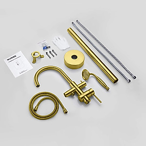 Wowkk Tub Filler Freestanding Bathtub Faucet Brushed Gold Floor Mounted Brass Bathroom Tub Faucets with Hand Shower