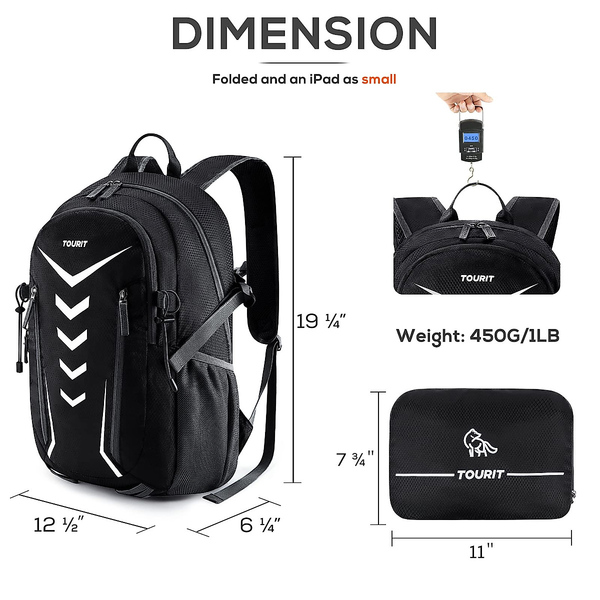 TOURIT Hiking Backpack 40L Lightweight Hiking Daypack Foldable Waterproof Camping Backpack for Women Men Travel Outdoor Black