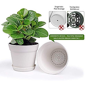 homenote Pots for Plants, 8 Pcs 7.5 inch Plastic Planters with Multiple Drainage Holes and Tray - Plant Pots for All Home Garden Flowers Succulents, Cream White