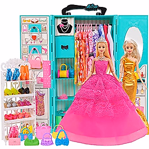 Ebuddy Fashion Lot 105 Items 11.5 Inch Girl Doll Dream Closet Wardrobe with Clothes and Accessories Including Wardrobe Shoes Rack Dress Shoes Hangers Necklace and Other Accessories(No Doll)