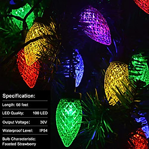 100 LED C9 Christmas Lights 66ft Green Wire Commercial LED Strawberry String Lights Outdoor Indoor C9 Bulbs Xmas Decorative Light Strand for Garden Yard Party Home Wreath Garland Christmas Tree (RGB)