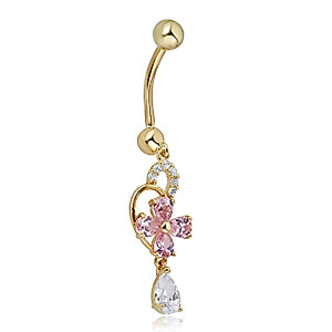 AVORA 10K Yellow Gold Simulated Diamond CZ Dangling Pink Flower Belly Button Ring Body Jewelry (14 Gauge)