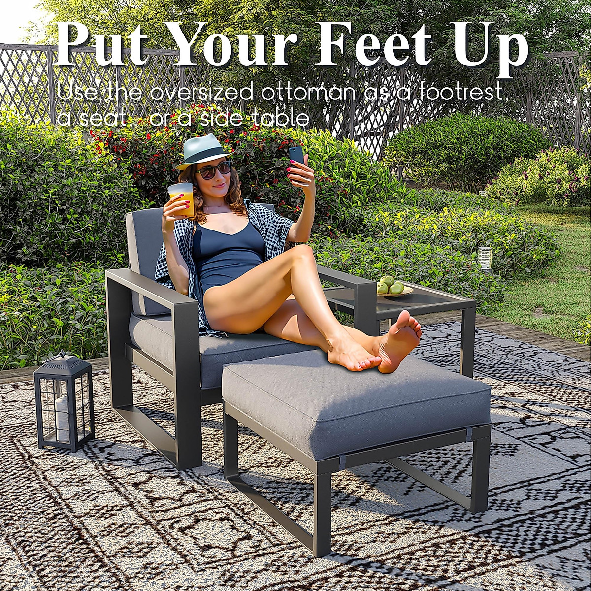 Green4ever Aluminum Patio Furniture Set, 8 Pieces Modern Outdoor Conversation Set All-Weather Metal Sectional Couch Sofa Upgraded Foam-Filled Cushions with Ottoman and Coffee Table (Grey)