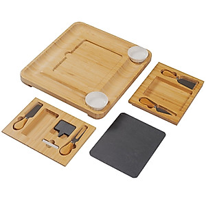 UXPEYIC Cheese Board and Knife Set, Bamboo Charcuterie Boards with 2 Slide Out Drawers, Large Cheese Platter Meat Charcuttery Serving Tray with 2 Ceramic Bowl and Marble Slab for Housewarming Party