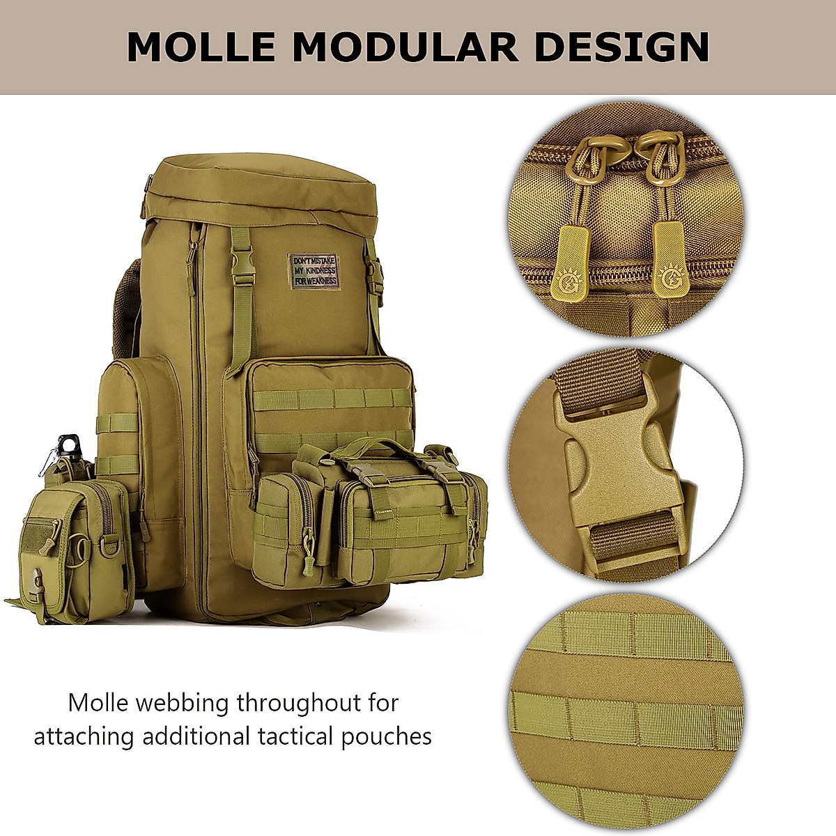 SunForMorning Large Tactical Hiking Daypack 70-85L Military MOLLE Assault Backpack Army Traveling Camping Pack Bug Out Bag Outdoor Rucksack (Rain Cover & 2 Patch Included), Brown