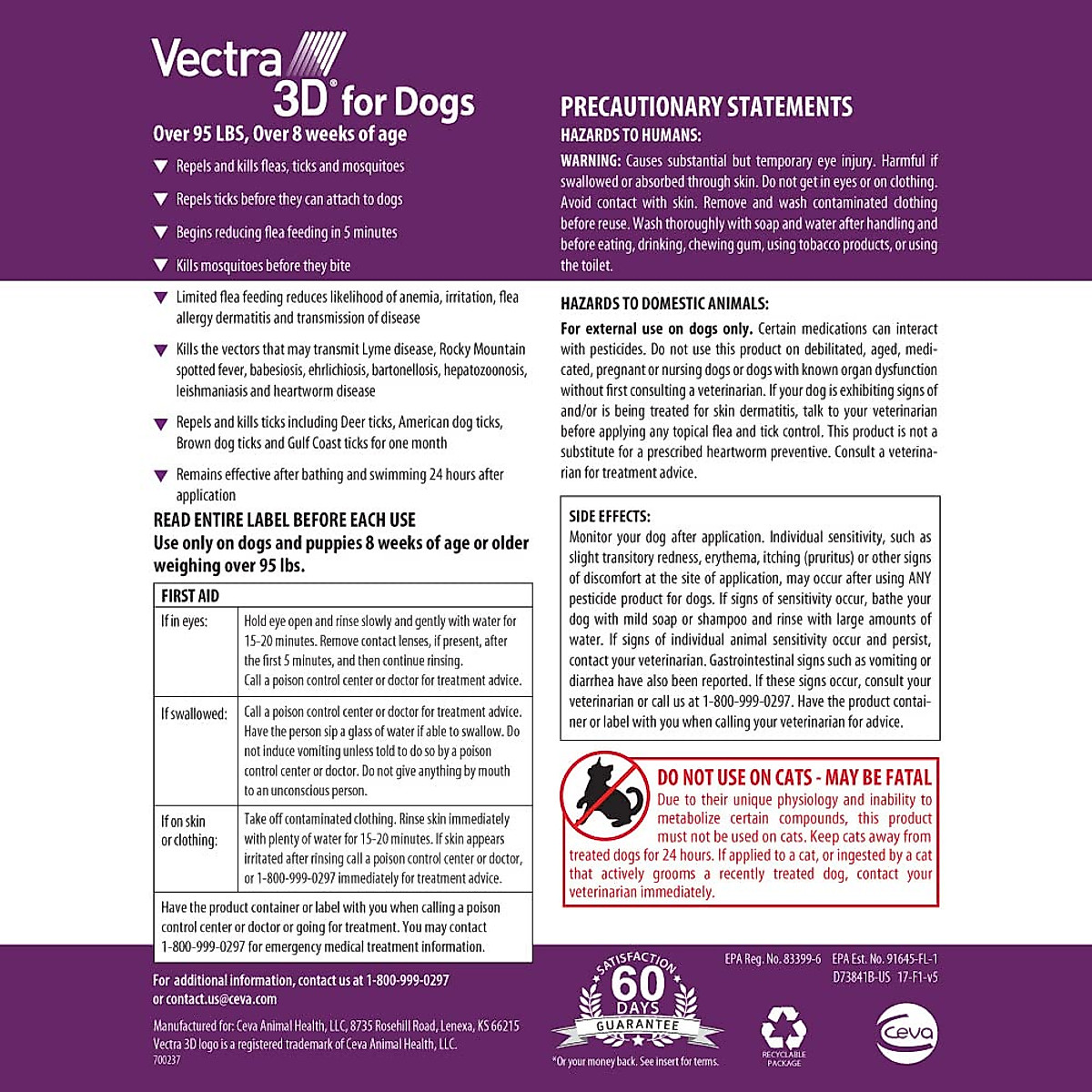 Vectra 3D for Dogs Flea, Tick & Mosquito Treatment & Prevention for Extra Large Dogs (over 95 lbs) , 3 month supply