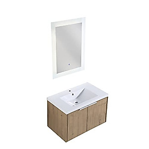Pvillez Bathroom Vanity with Sink Combo, Floating Vanity Cabinet 30 Inch, Bathroom Vanities, Modern Wall Mounted Concrete Bath Vanity Set with Porcelain Top Storage Cabinet (Imitative Oak 2)
