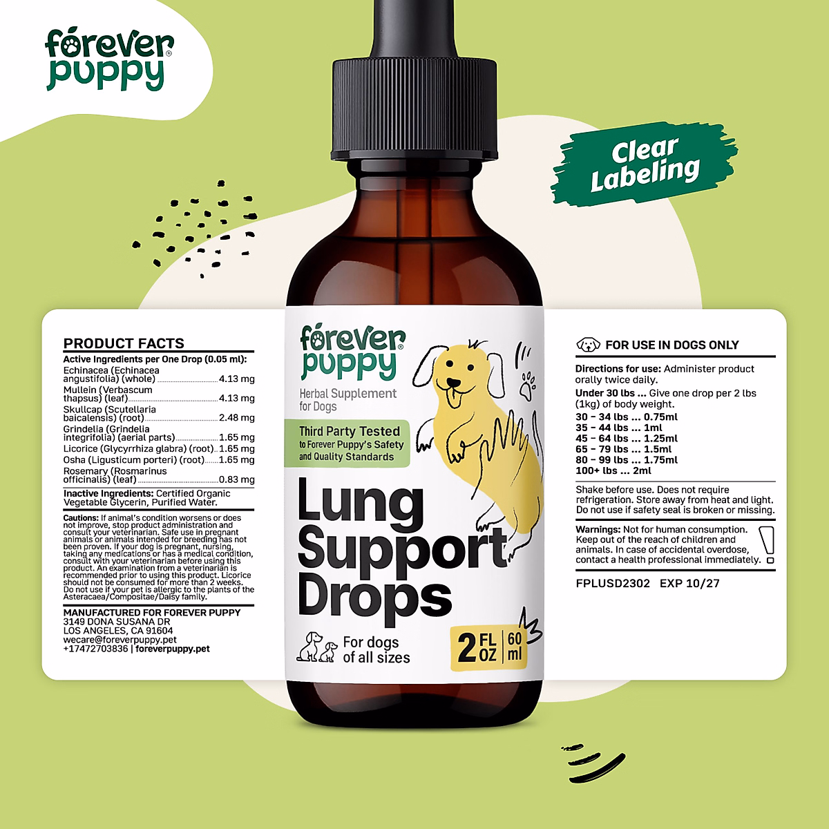 Lung Support Drops for Dogs - Respiratory Support Supplement for Dogs w/Mullein Leaf - Herbal Dog Respiratory Health Drops - Dog Vitamins for Lungs w/Mullein Extract & Echinacea - 2 oz