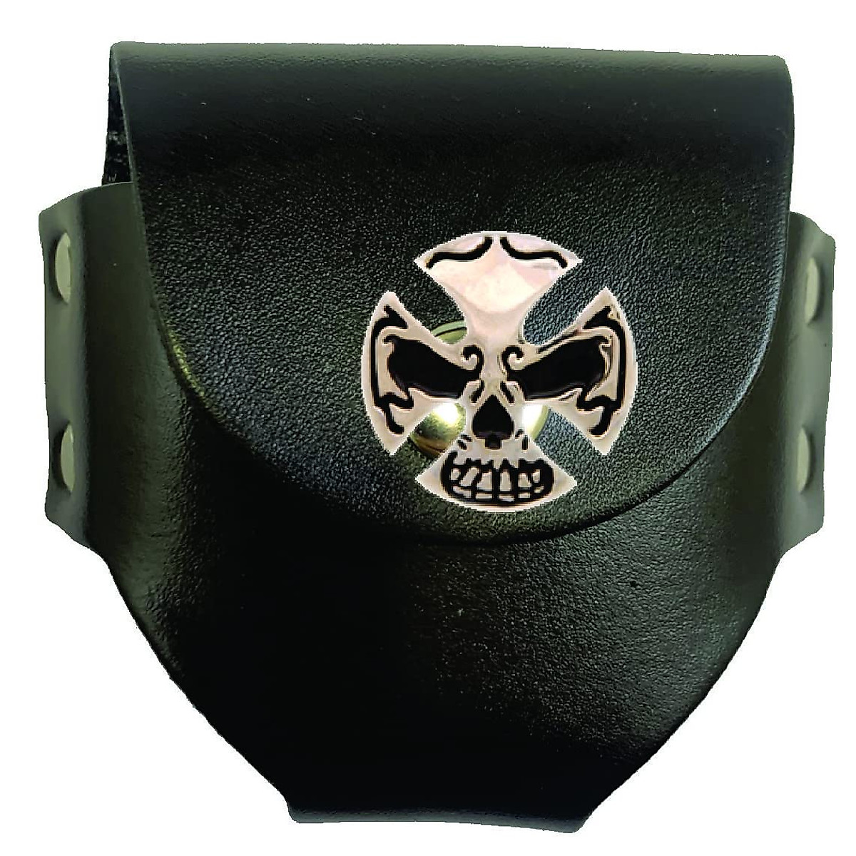 Biker Cross & Skull Concho mounted on Genuine Black Leather Snuff Can Holder with Snap Closure