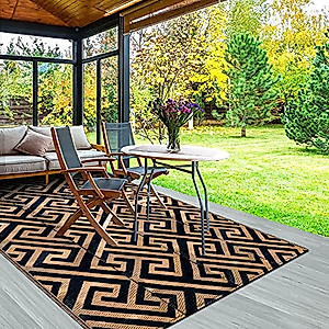 GARTOL Waterproof Indoor Outdoor Rug, Reversible Modern Area Rug Mat, Geometric Square Maze Pattern Plastic Straw Rug for RV, Patio, Backyard, Pool Deck, Picnic, Beach, Camping (5x8 Ft, Black & Brown)