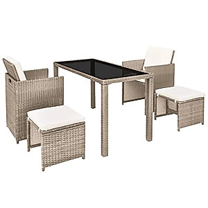 TCSGURK Outdoor Dining Set, Garden Patio PE Rattan Set w/Cushions, Furniture with Glass Table and Chairs (Color : Beige, Size : 48.4" x 23.6" x 29.1")
