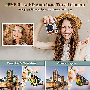 Upgraded 4K Digital Camera with SD Card Autofocus, 48MP Digital Camera with Flash Viewfinder & Dial, Vlogging Camera for Photography and Video Anti-Shake, Compact Travel Camera 16X Zoom (2 Batteries)