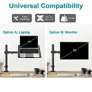 MOUNT PRO Single Laptop Mount with Tray for Laptop up to 17 inches, Holds Up to 17.6lbs, Fully Adjustable Notebook/Laptop Desk Mount Stand, Heavy Duty Laptop Arm Mount with Clamp and Grommet Base