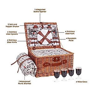 Picnic Basket for 4 with Large Insulated Cooler Compartment Willow Hamper Set Cutlery Service Kits Picnic Kit Gift for Family Camping Outdoor Party