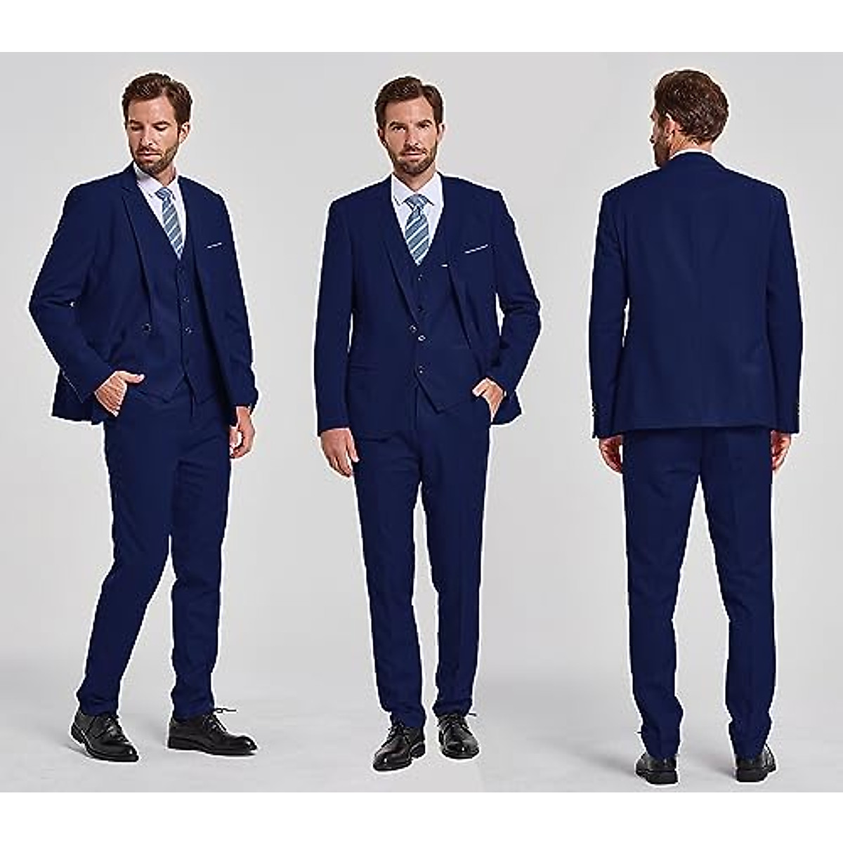 MYS Men's 3 Piece Slim Fit Suit Set, One Button Solid Jacket Vest Pants with Tie Deep Blue