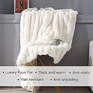 LuxenrelaX Plush Faux Fur Throw Blanket, Elegant Fuzzy Blanket with Water Wave Pattern, Warm Fluffy Blanket for Bed, Couch, Ivory White, 50x60 inches