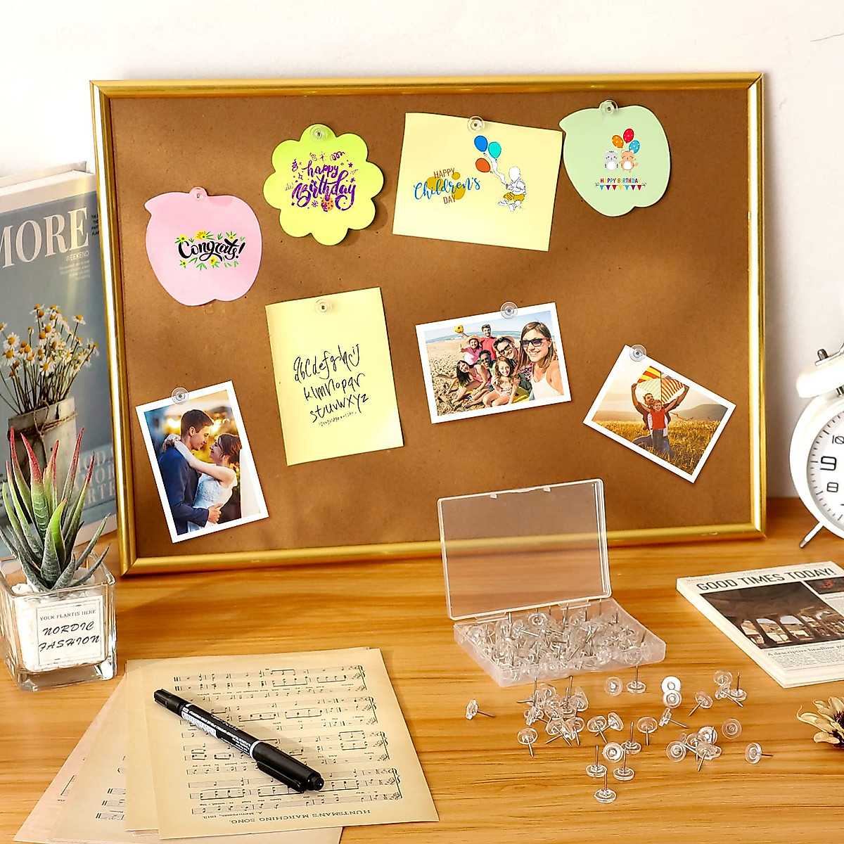 JIMSUMM 150 PCS Push Pins, Standard Plastic Head Steel Point Clear Thumb Tacks for Wall, Clear Plastic Round Head for Bulletin Boards, Fabric Markers, Crafts and Office Organization (Clear)