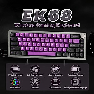 EPOMAKER EK68 65% Wireless Gaming Keyboard, Hot Swappable Gasket Mechanical Keyboard with Metal Knob, Bluetooth 5.0/2.4Ghz Wireless/USB-C Wired Custom Keyboard (Black Purple, Budgerigar Switch)